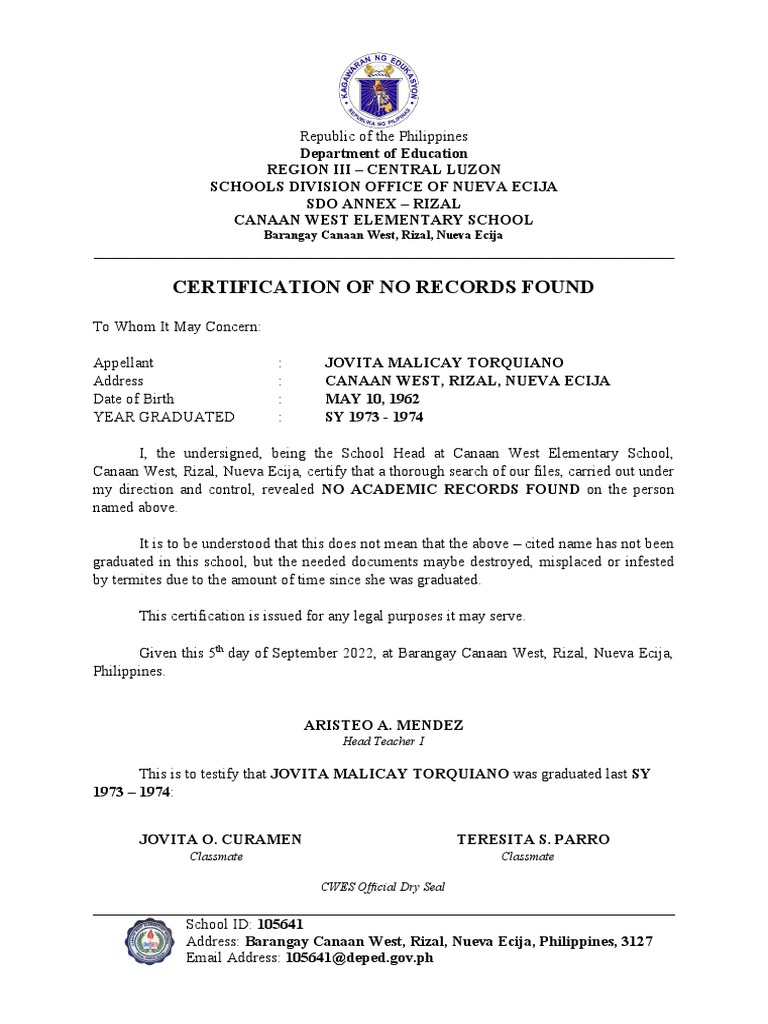 Certification of No School Records Found | PDF