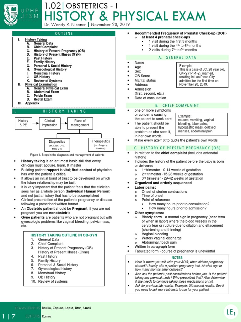 (Ob1) 1.02 - History and Physical Exam - Dr. Nicanor | PDF | Pregnancy | Menstruation