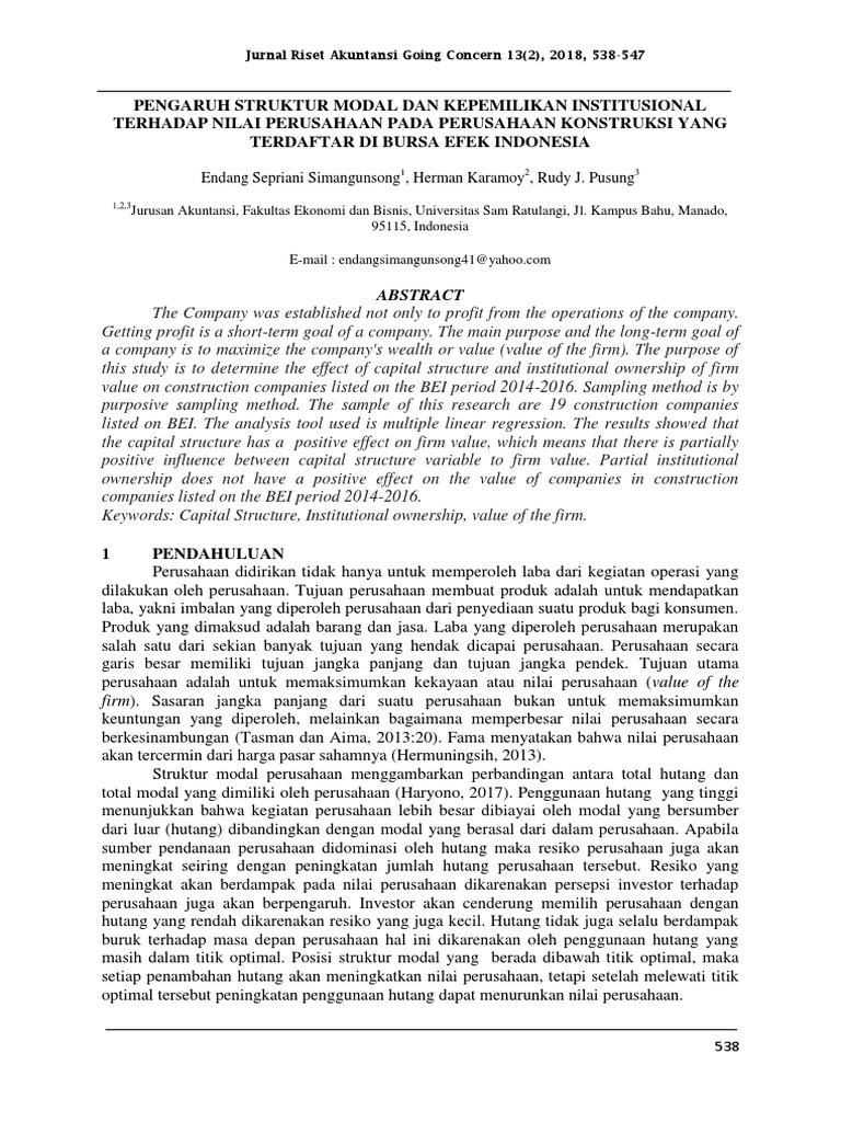 Pengaruh Struktur Modal Dan Kepemilikan Institusional Terhadap Nilai Perusahaan Pada Perusahaan ...