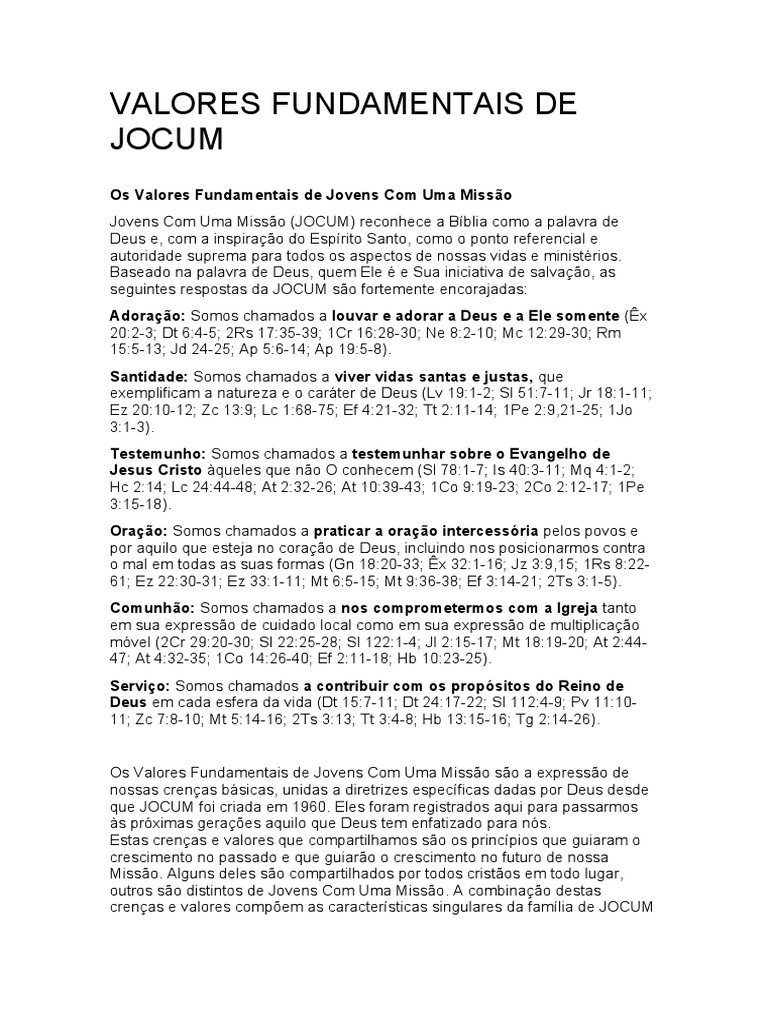 Valores Fundamentais da JOCUM | PDF | Oração | Presente espiritual