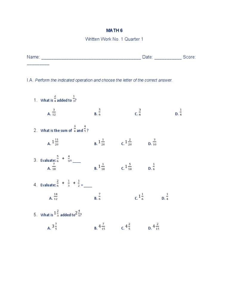 Grade 6 Math Test Quarter 1 | PDF