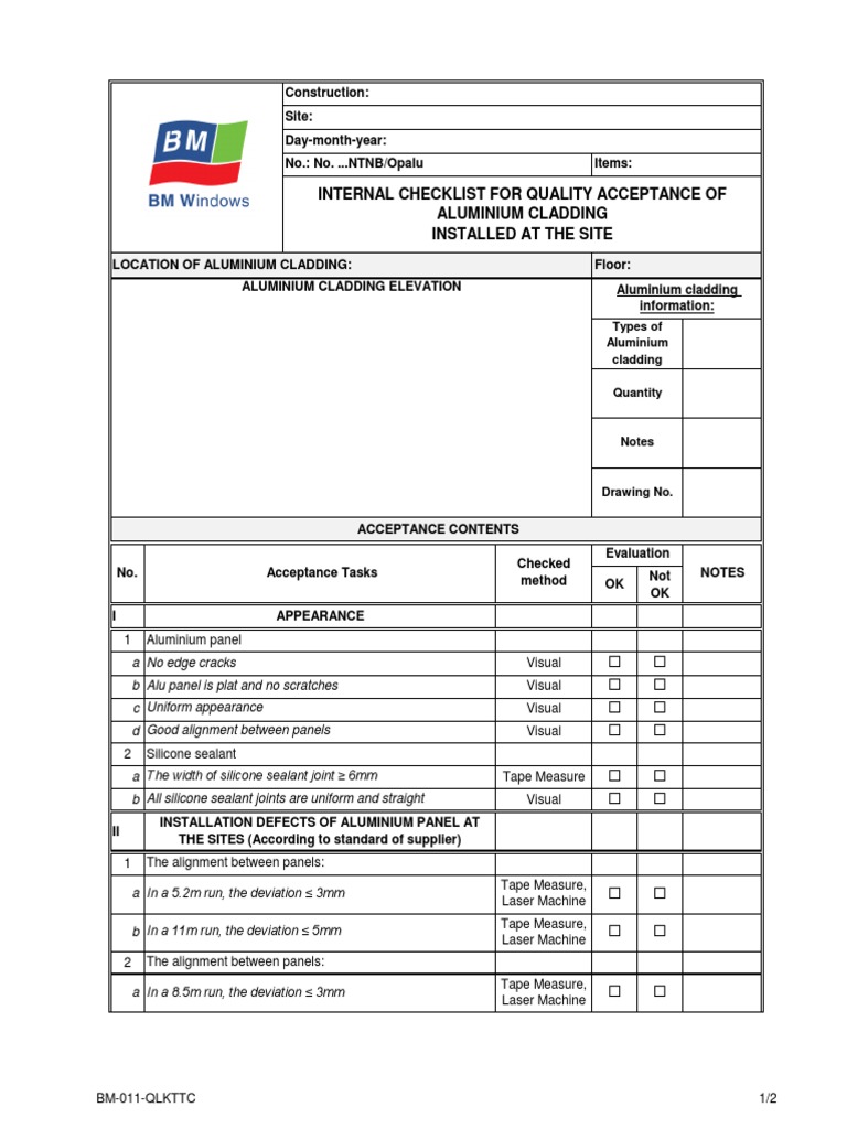 Aluminum Cladding Quality Checklist | PDF | Mechanical Engineering | Industrial Processes