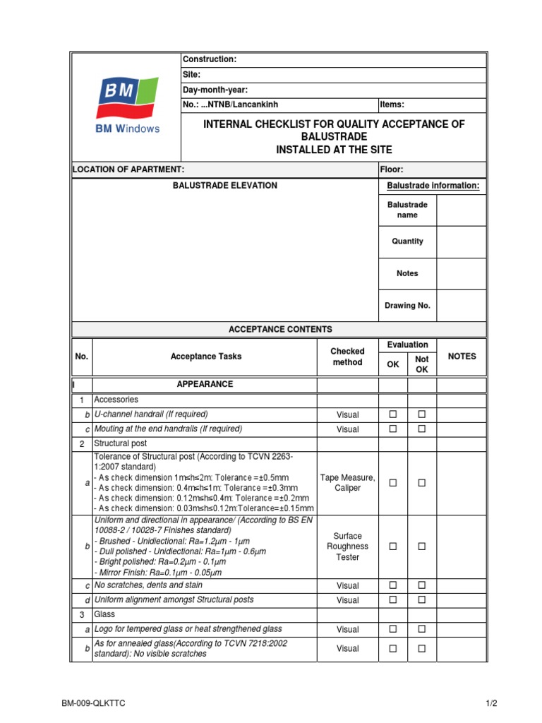 9.BMW - Check List Nghiem Thu Chat Luong Lan Can - Eng | PDF ...