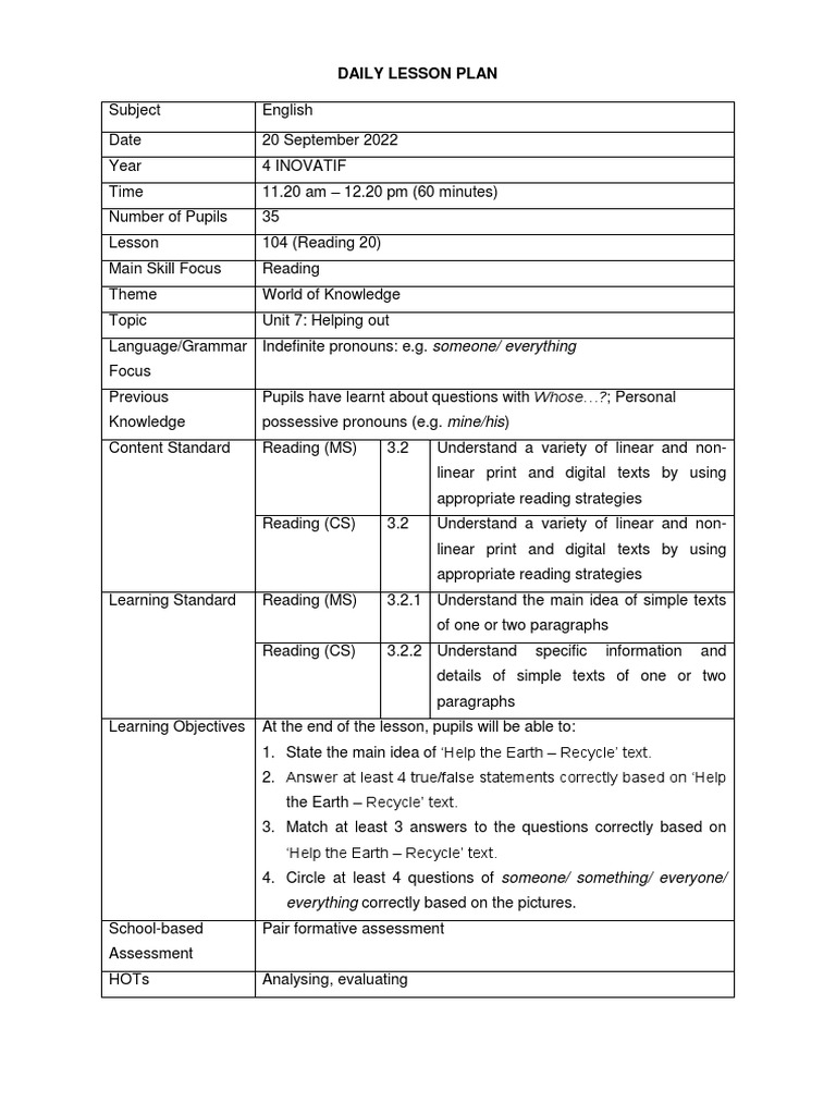 Y4 English LP104 (Reading 20) | PDF | Learning | Recycling