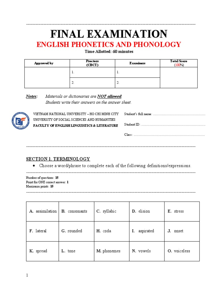 English Phonetics & Phonology Exam | PDF | Syllable | Consonant