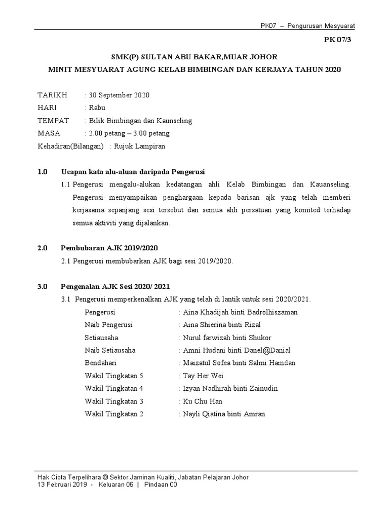 Mesyuarat Agung Kelab BDK 2020 | PDF