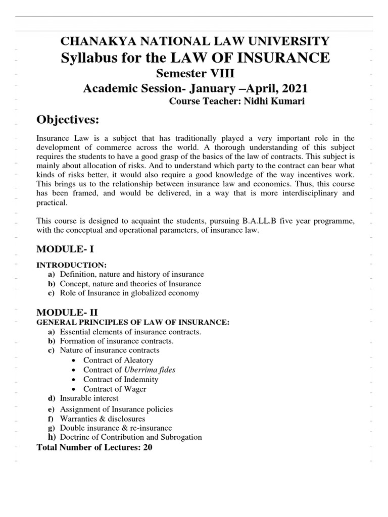 Law of Insurance Eighth Semester Syllabus | PDF | Insurance | Life ...