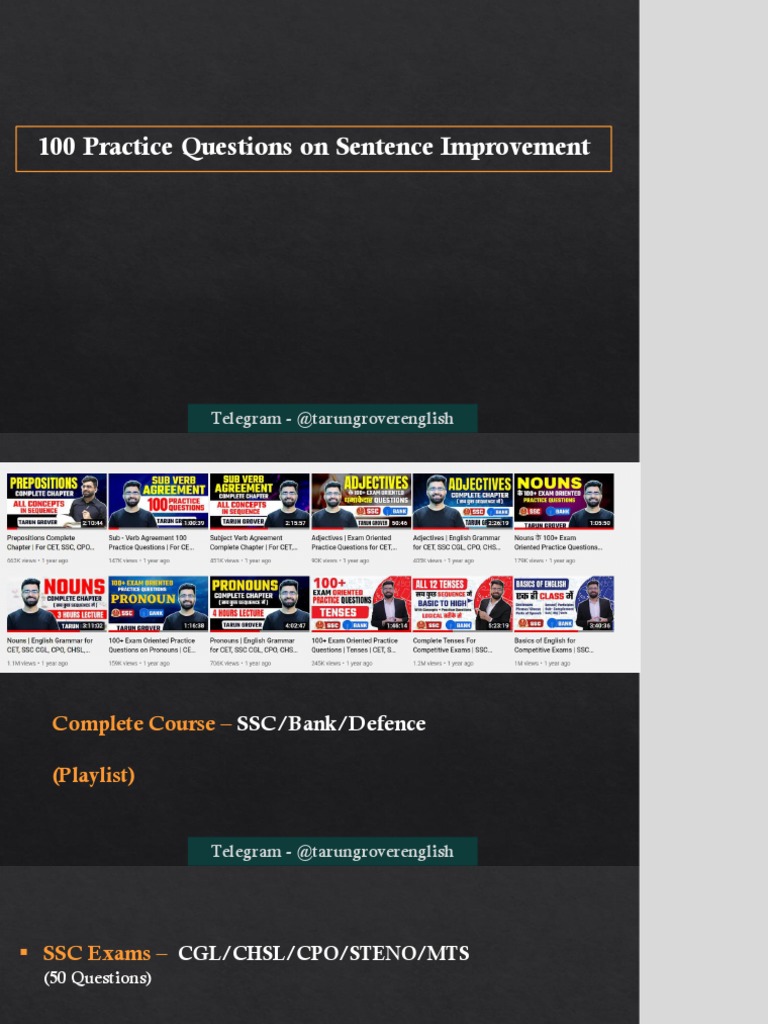 100 Sentence Improvement For SSC and DEFENCE Exams | PDF | Classroom
