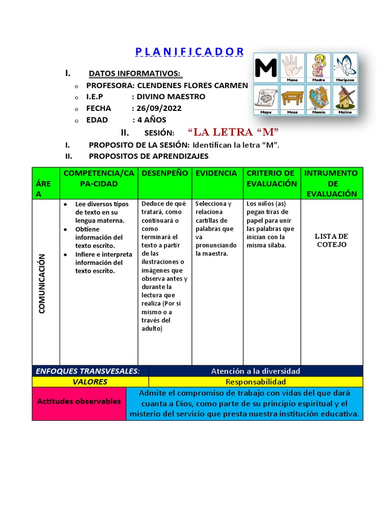 Planificador "La Letra M" 4 Años | PDF | Evaluación | Aprendizaje