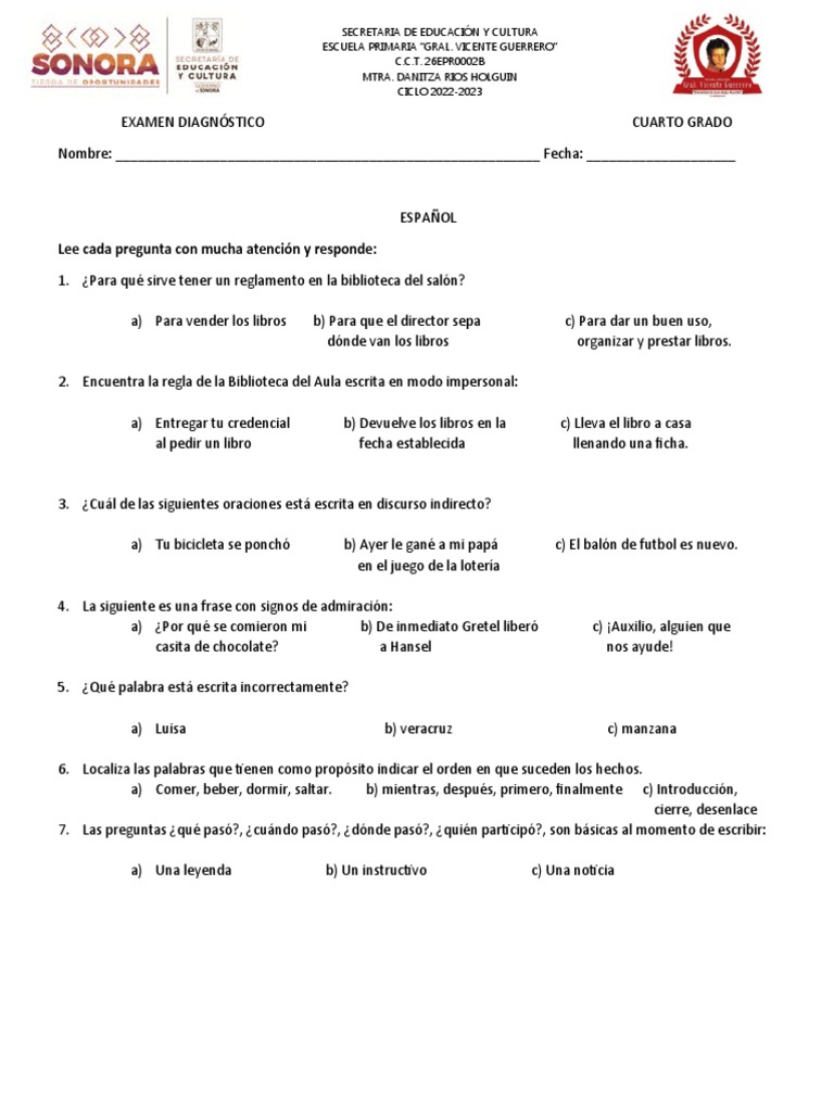 Examen diagnóstico de cuarto grado de primaria | PDF