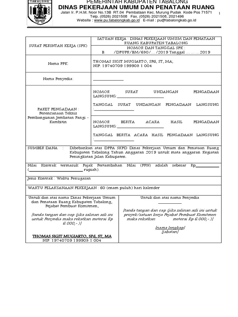 Draft SPK Perenc - Jemb.Pangi | PDF | Pengelolaan Keuangan & Uang | Teknologi & Rekayasa
