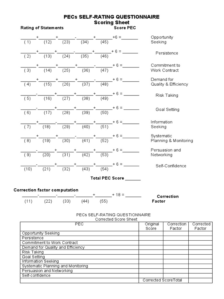 PECs Self Rating Questionnaire Scoring Sheet 1 | PDF | Psychological ...
