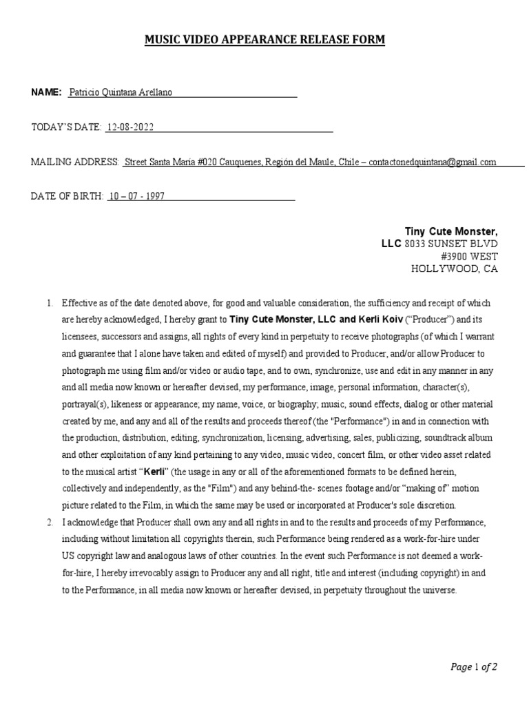 Music Video Appearance Release Form | PDF | Defamation | Justice