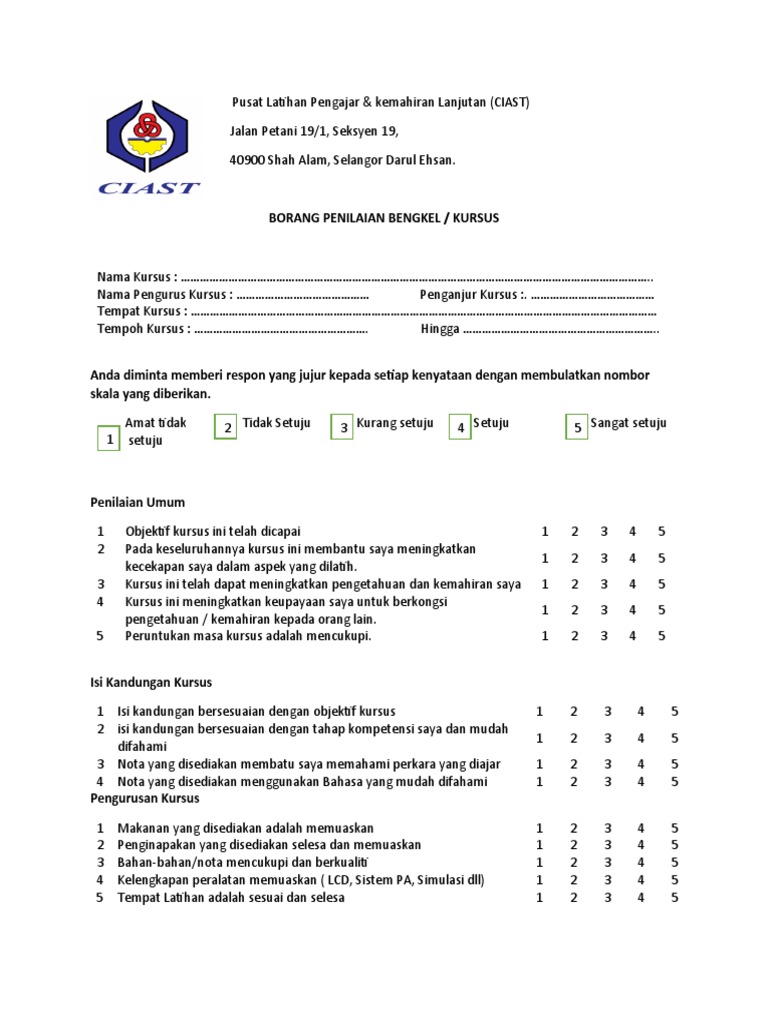 Borang Penilaian Kursus/ Bengkel | PDF
