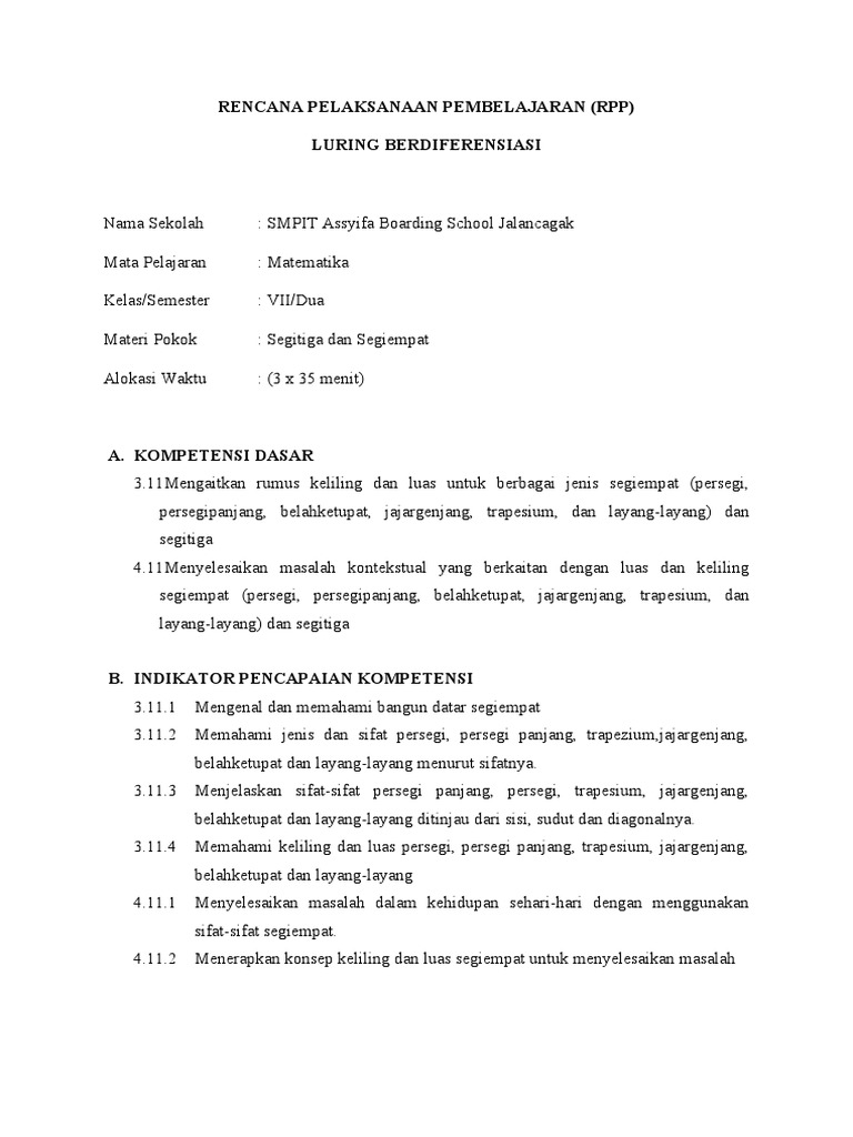 RPP Segiempat Berdiferensiasi Kse | PDF