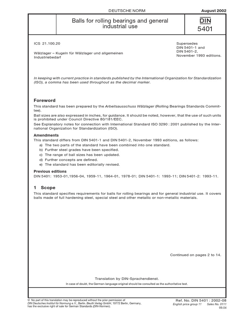 DIN 5401 2002 English | PDF | Sphere | Engineering Tolerance