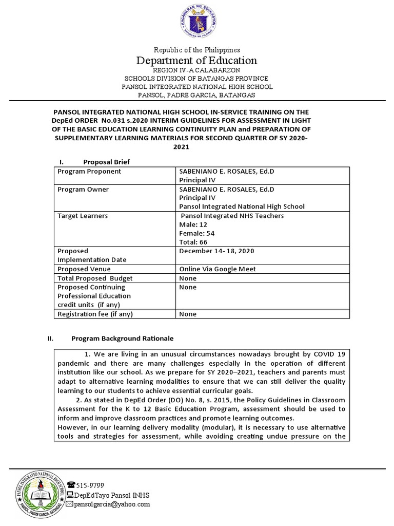 INSET Training Proposal Dec 2020 | PDF | Learning | Educational Assessment