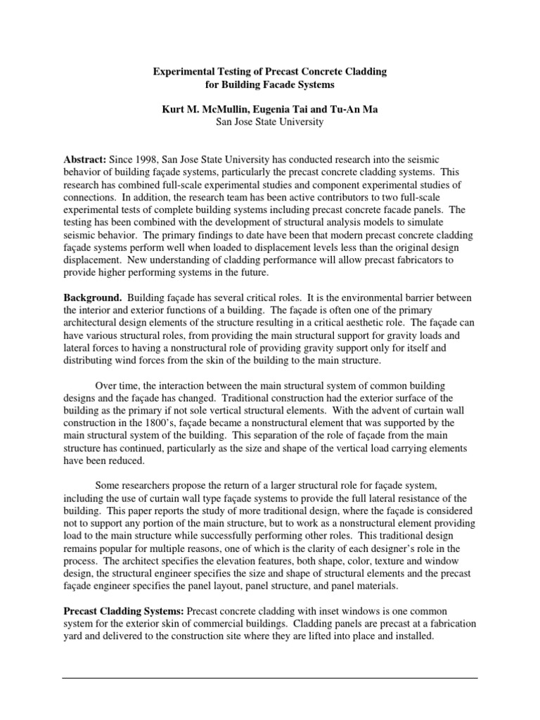 Experimental Testing Of Precast Concrete Cladding For Building Facade Systems Pdf Fracture