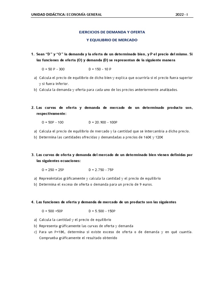 Ejercicios sobre curvas de oferta y demanda y equilibrio de mercado | PDF | Oferta (economía ...