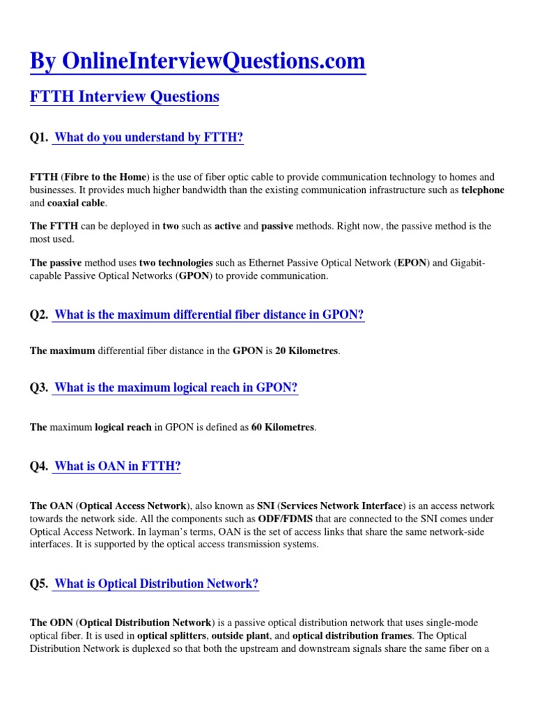 FTTH Interview Questions and Insights | PDF | Fiber To The X ...
