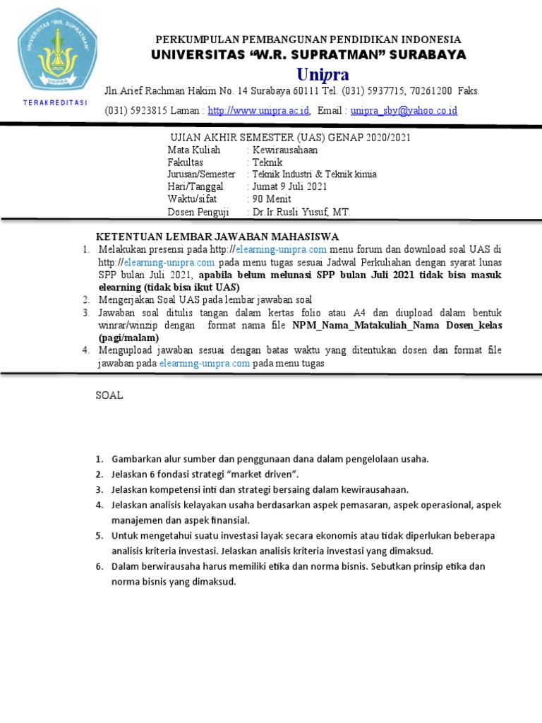 Soal UAS Kewirausahaan Genap 20202021 | PDF