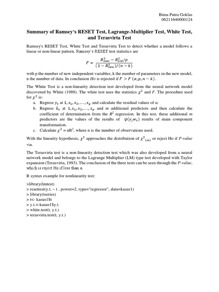 Detecting Nonlinearity In Time Series Models A Summary Of Ramseys