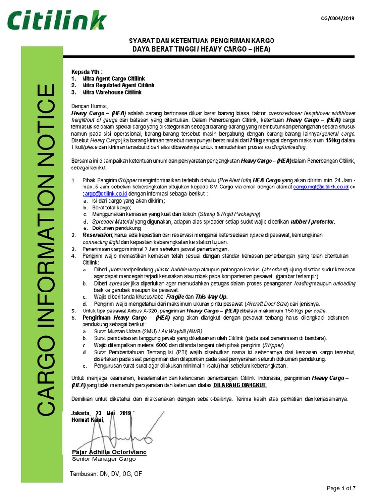 Cargo Information Notice #0004 - Ketentuan Pengiriman Cargo Heavy - Over Weight For A320 - 33 | PDF