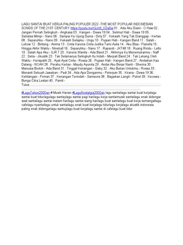 Lagu Santai Buat Kerja Paling Populer 2022 | PDF | Puisi