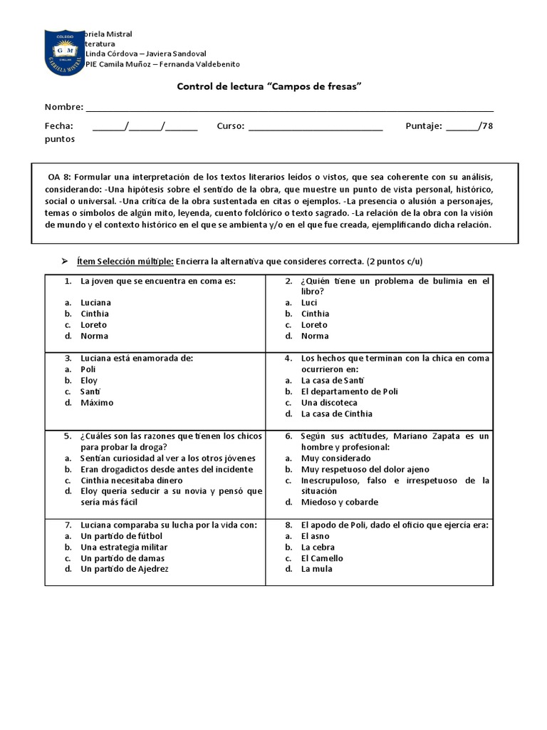 1°M Control de Lectura Campos de Fresas | PDF