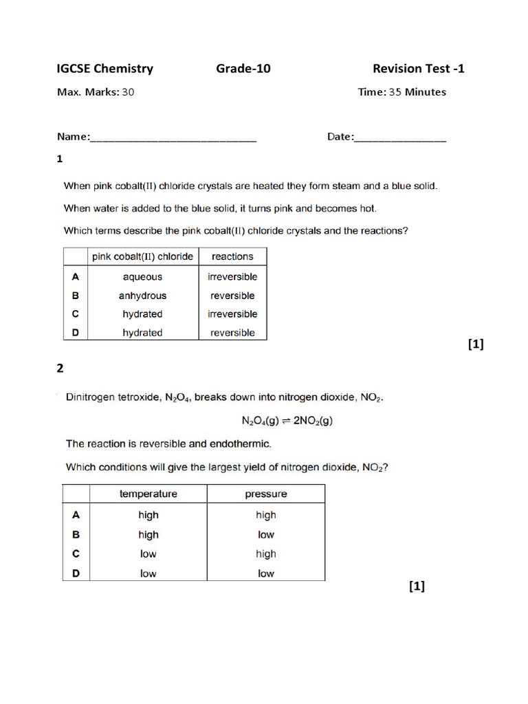 IGCSE Chemistry Grade-10 Revision Test-1 | PDF