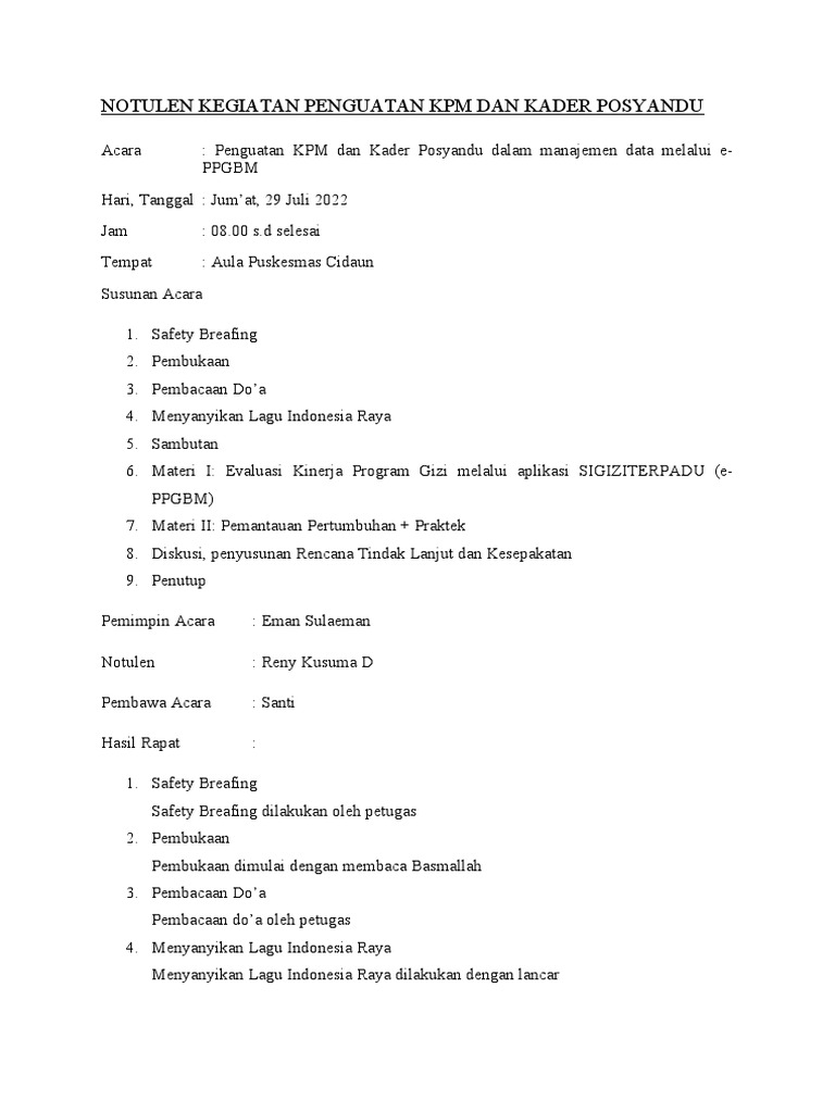 Notulen Kegiatan Penguatan KPM Dan Kader Posyandu | PDF Notulen Kegiatan Penguatan KPM Dan Kader Posyandu | PDF
