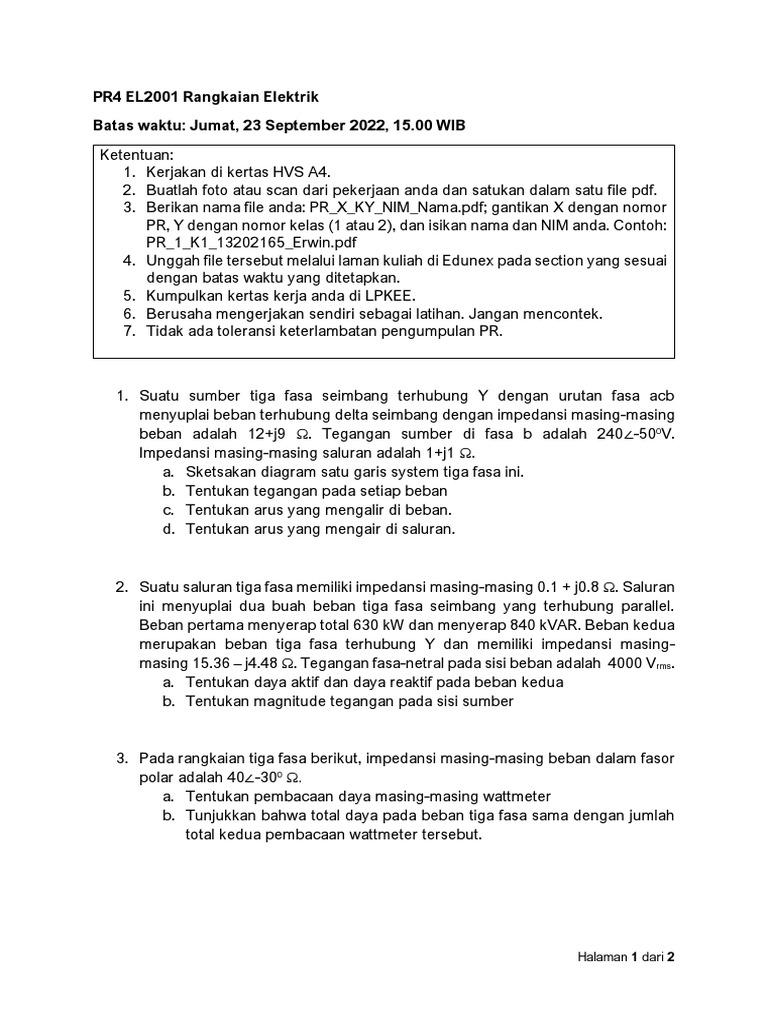 PR4 EL2001 Rangkaian Elektrik Batas Waktu: Jumat, 23 September 2022, 15.00 WIB | PDF