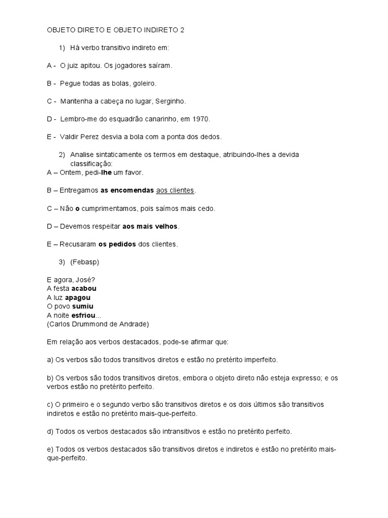 OBJETO DIRETO E INDIRETO 2 - Exercícios | PDF