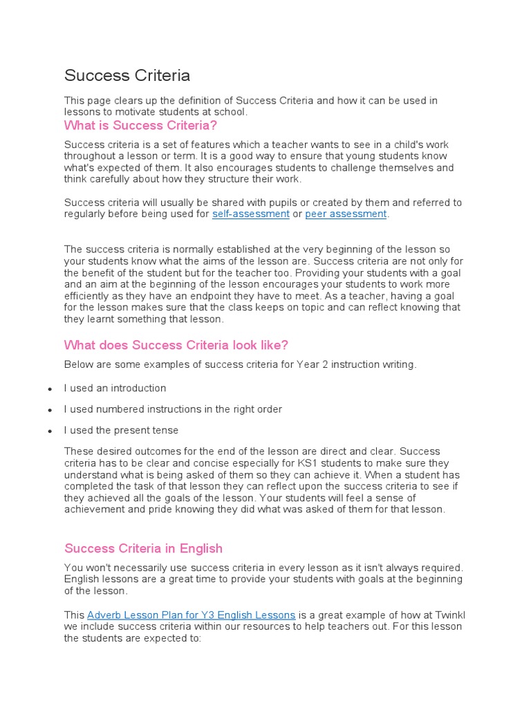 Success Criteria | PDF | Teachers | Lesson Plan