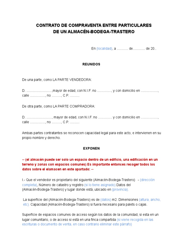 Contrato Privado de Compraventa de Un Almacén (Bodega) o Trastero | PDF | Derecho civil (sistema ...