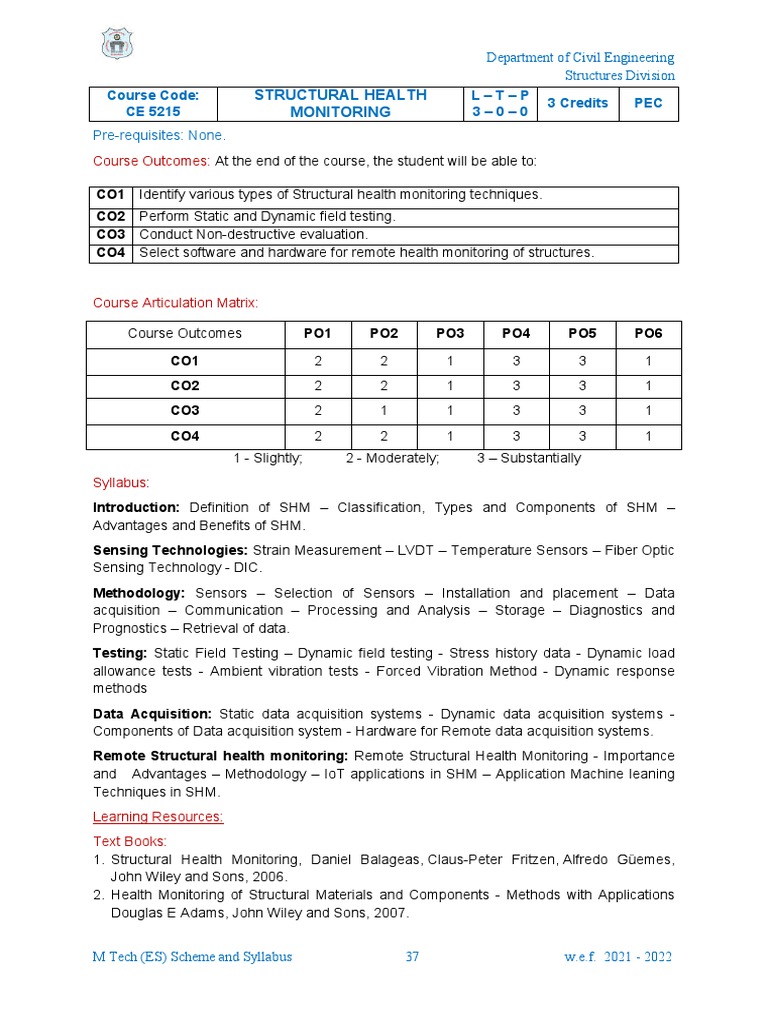 Structural Health Monitoring: Course Outcomes | PDF | Engineering