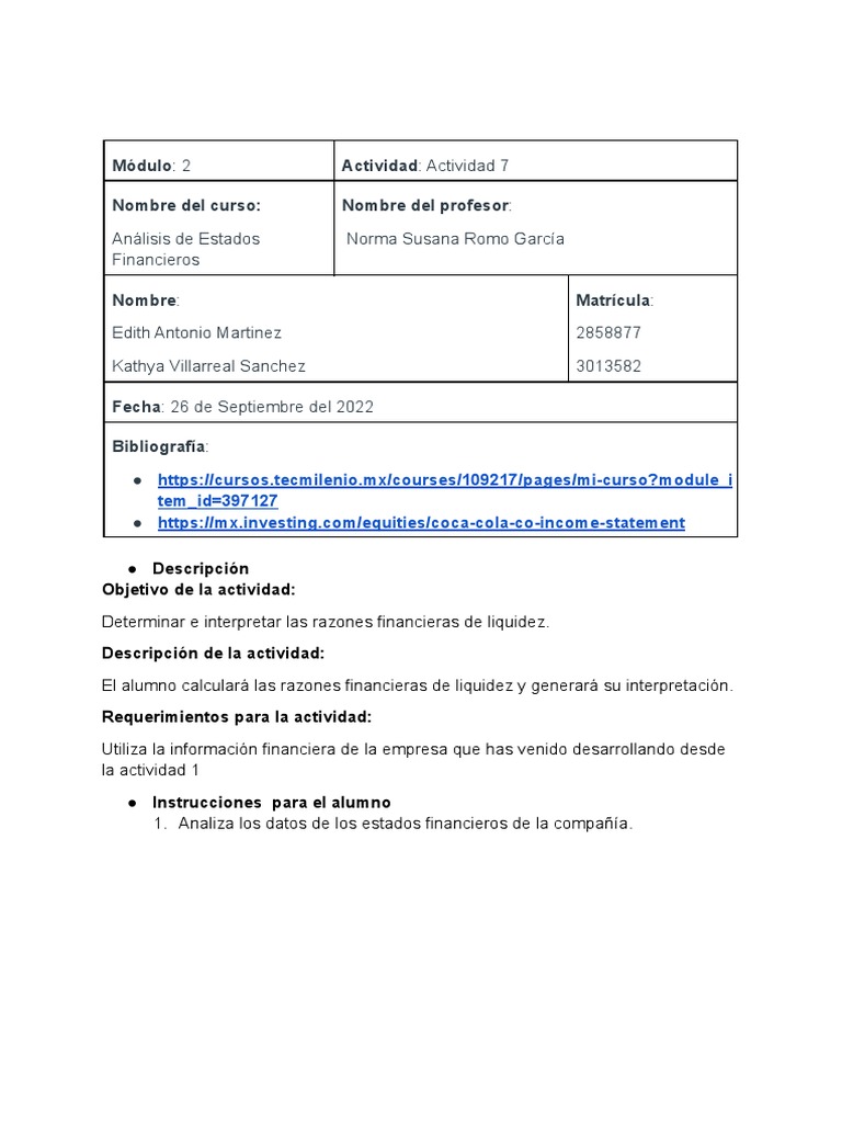 Actividad 7 AEF | PDF | Estado financiero | Liquidez de mercado