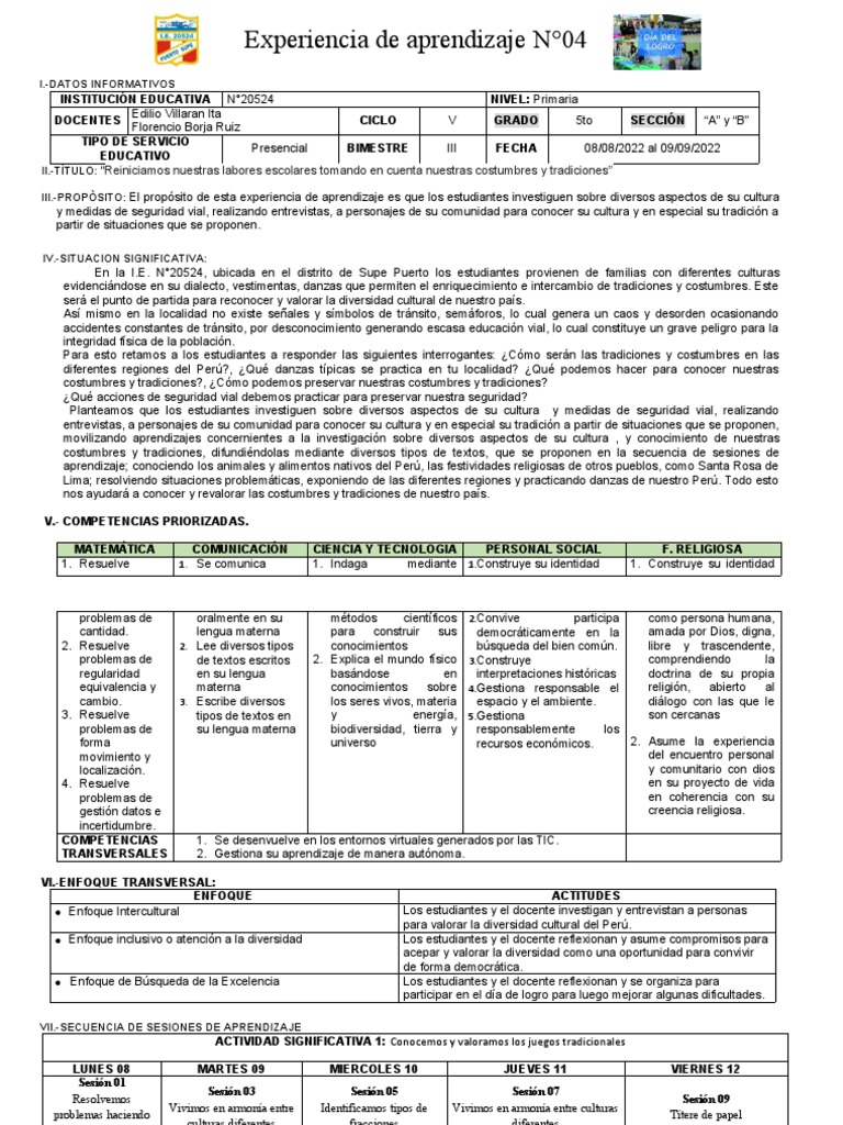 Esquema 1 EXPERIENCIA DE APRENDIZAJE | PDF | Matemáticas | Maestros