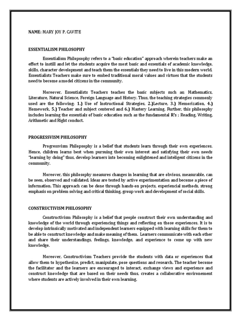 Mary Joy Cavite Philosophy of Education | PDF | Learning ...