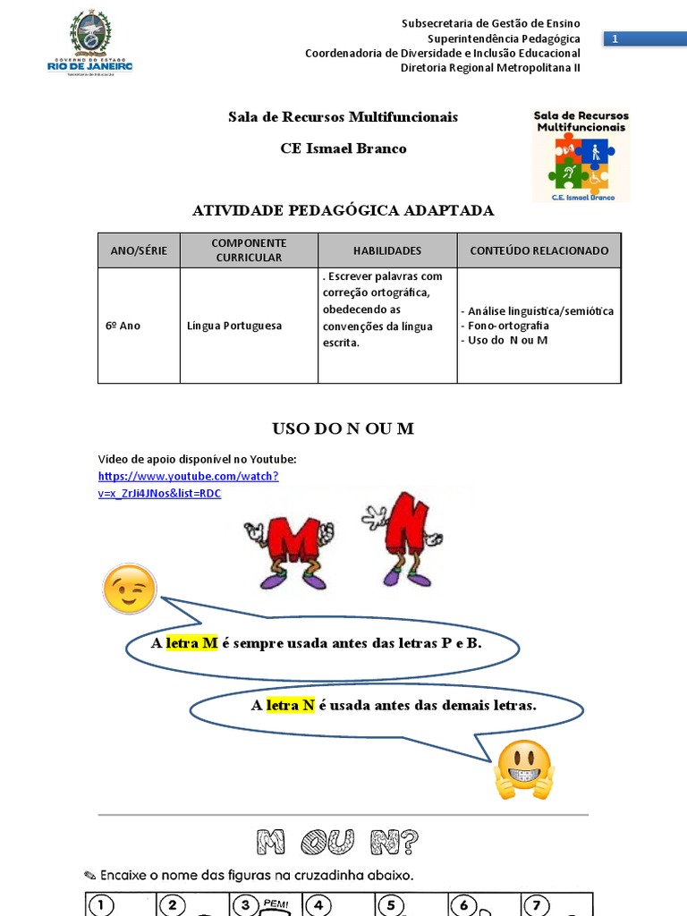 Língua Portuguesa - 6º Ano - Uso Do M Ou N - Fono Ortografia | PDF