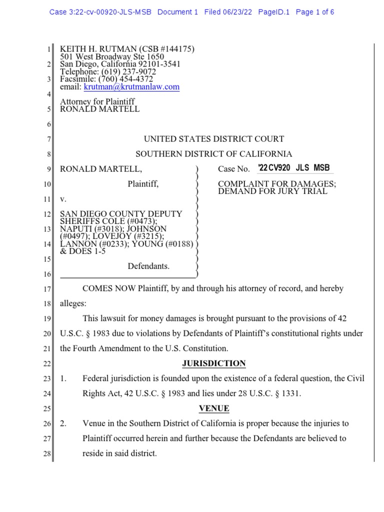 RONALD MARTELL v. SAN DIEGO COUNTY DEPUTY SHERIFFS COLE (#0473 ...