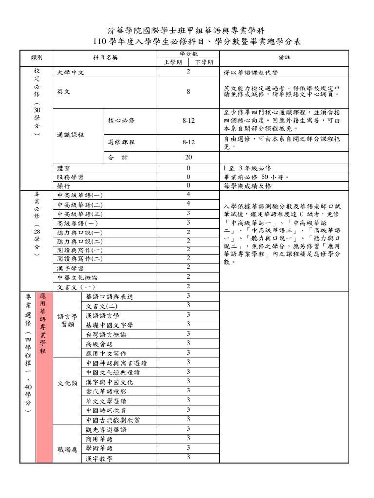 Group A 甲組 - 110學年度入學學生必修科目學分數暨畢業總學分表 | PDF