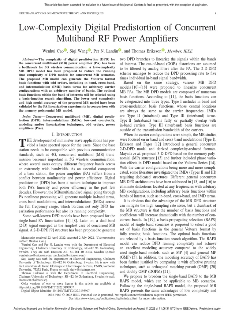 Low-Complexity Digital Predistortion of Concurrent Multiband RF Power Amplifiers - 045406 | PDF ...
