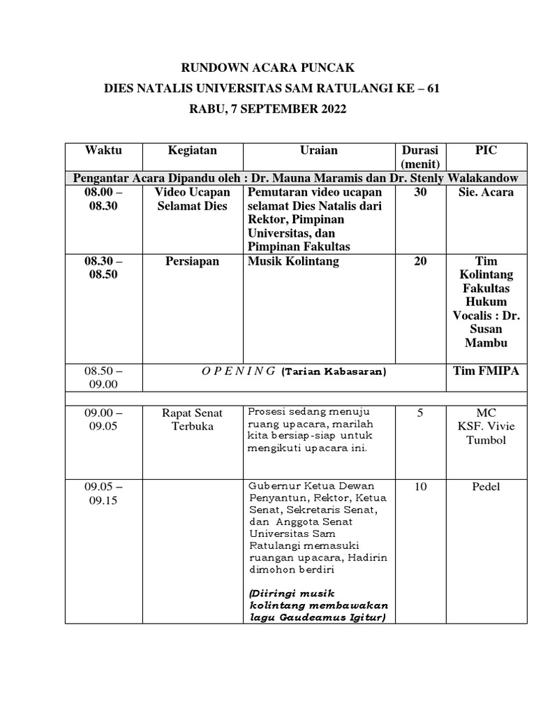 SKENARIO 1 - RUNDOWN ACARA PUNCAK DIES NATALIS Revised | PDF