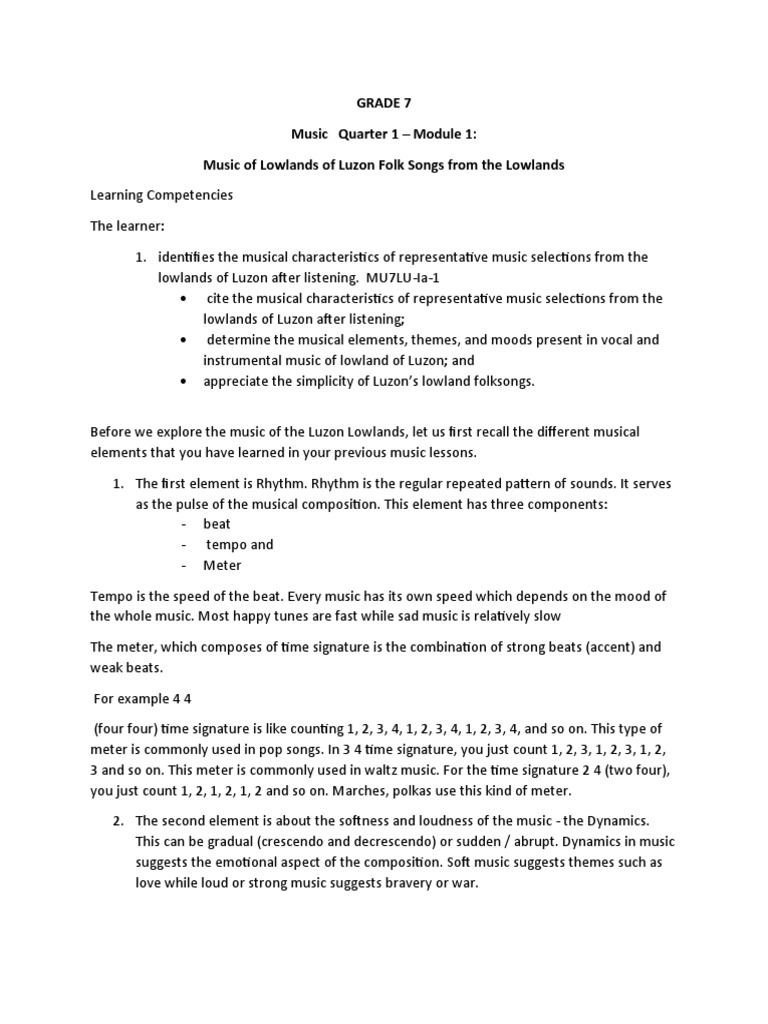 GRADE 7 MUSIC Q1 Wk1 | PDF | Songs | Rhythm