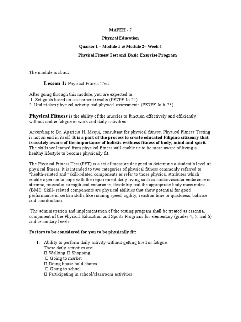 GRADE 7 P.E Q1 M1&2 Wk4 | PDF | Physical Fitness | Strength Training