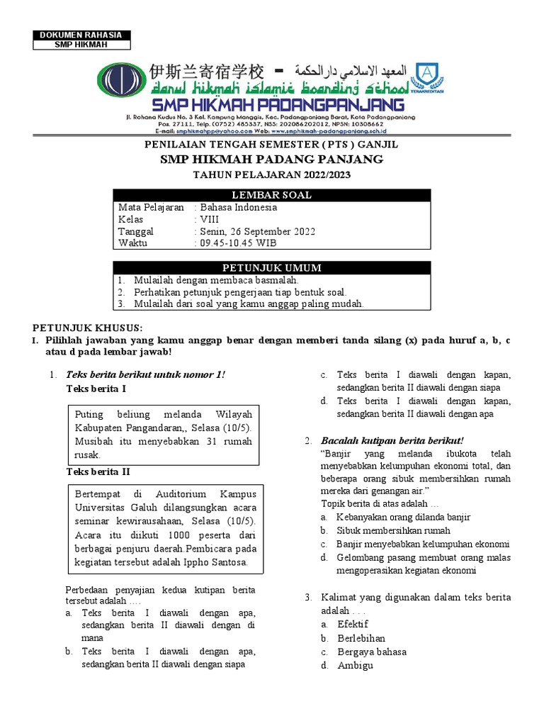 Soal PTS B Indonesia Ganjil 8 2022-2023 | PDF