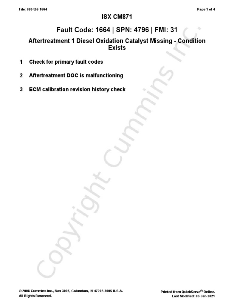 Fault Code: 1664 - SPN: 4796 - FMI: 31: ISX CM871 | PDF ...