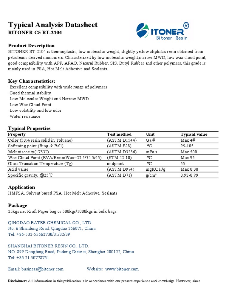 Bitoner Resin C5 BT-2104 TDS | PDF | Wax | Adhesive