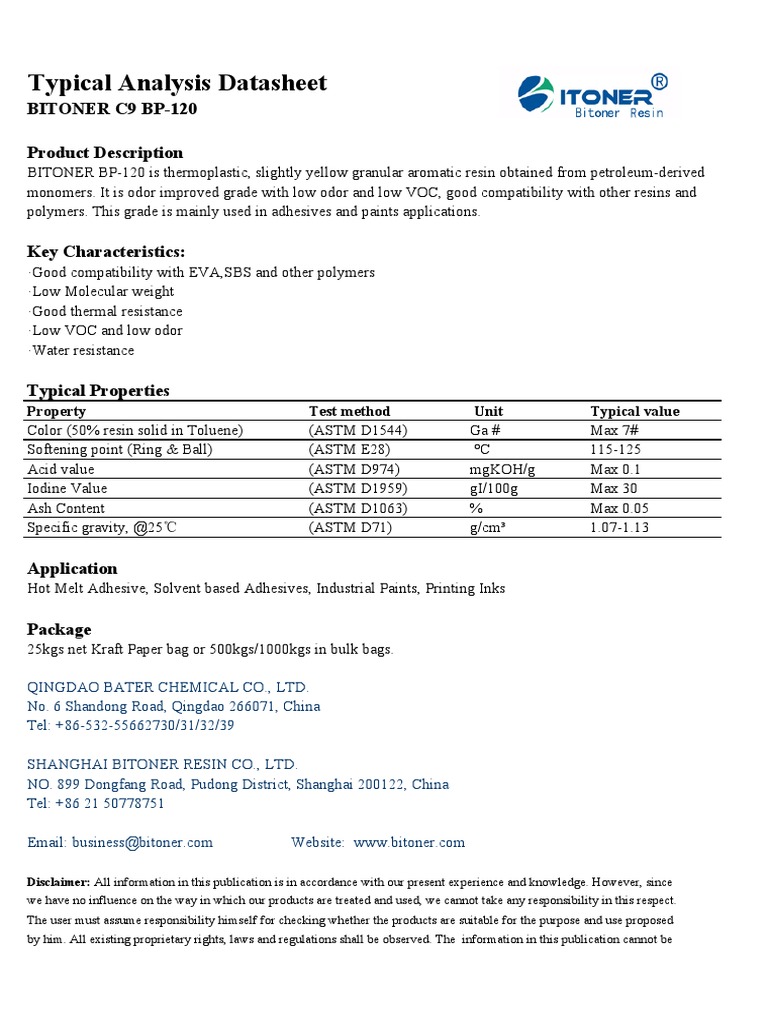 Bitoner Resin C9 BP-120 TDS | PDF | Polymers | Adhesive